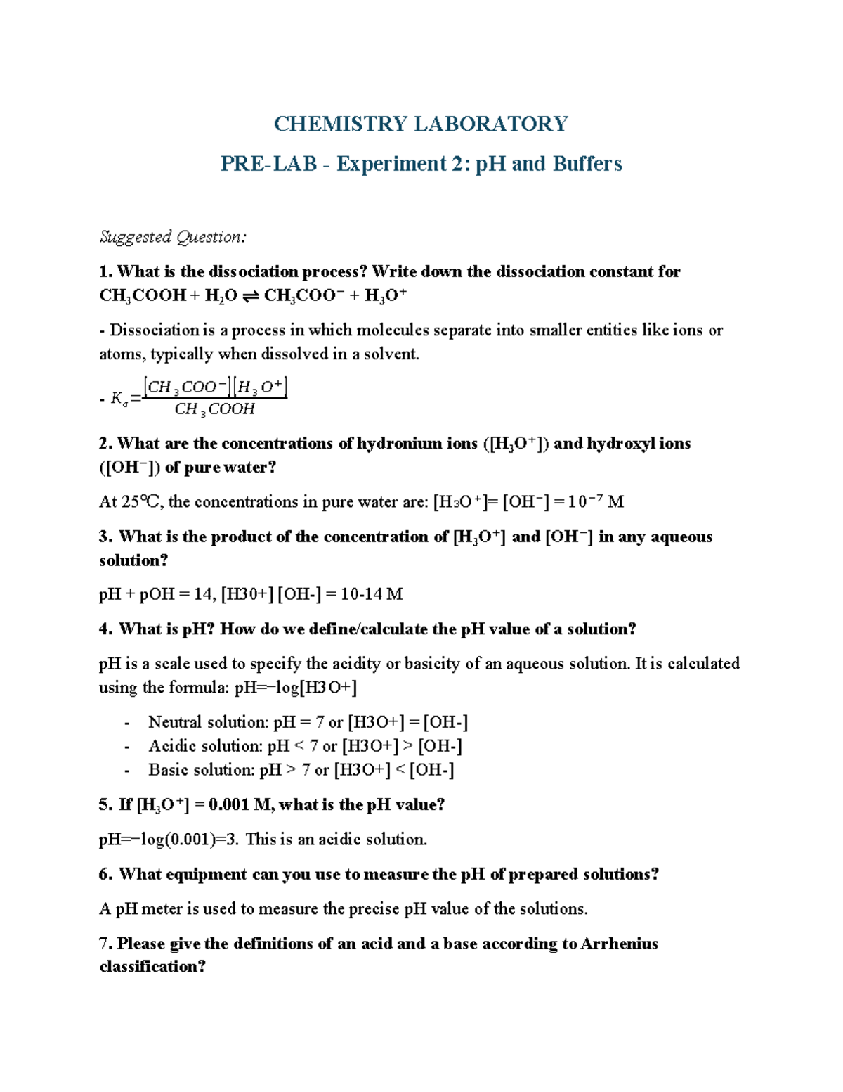 CHEM 101 Lab 2: pH and Buffers - Suggested Questions - Studocu
