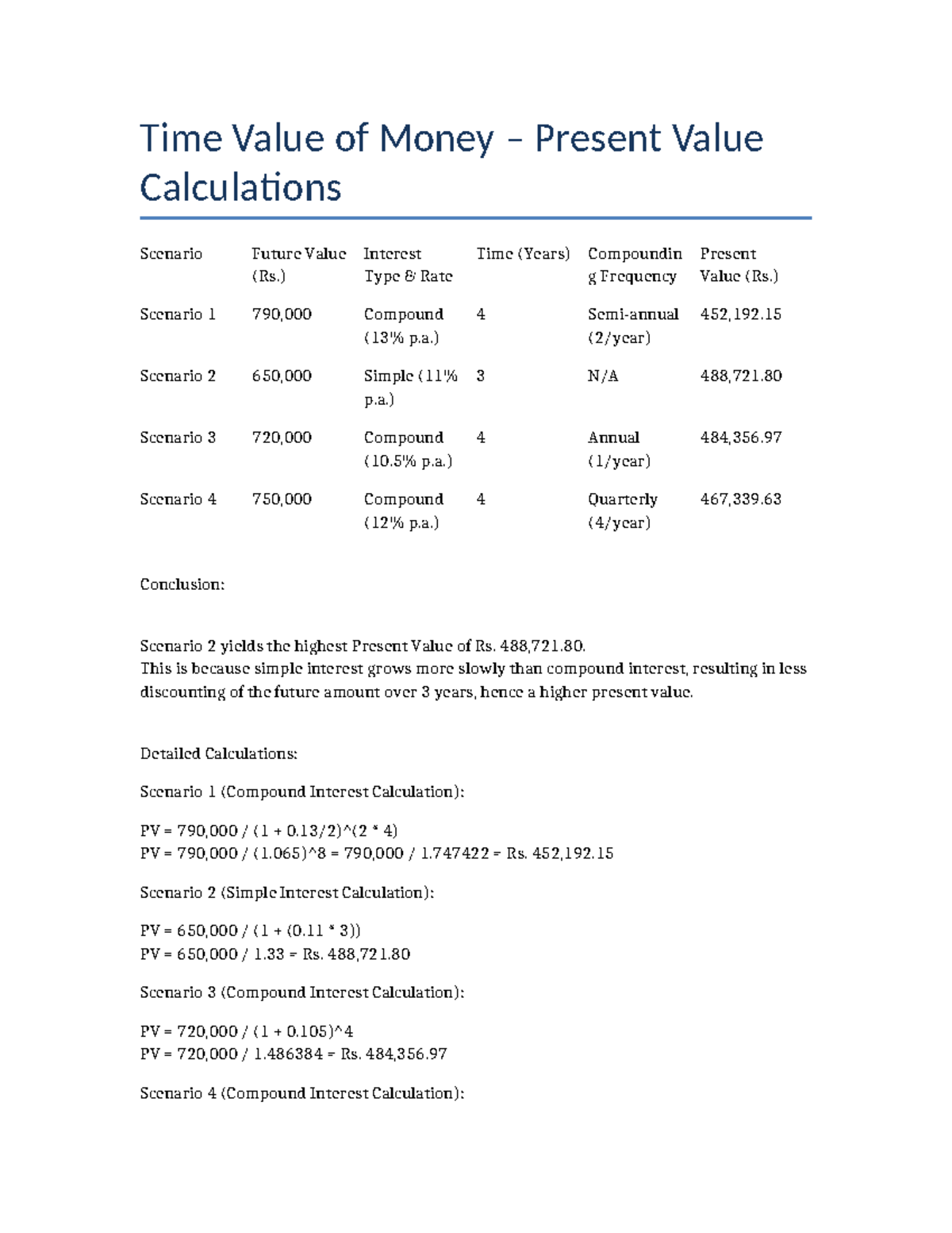 Time Value of Money: PV Calculations & Scenarios Analysis - Studocu