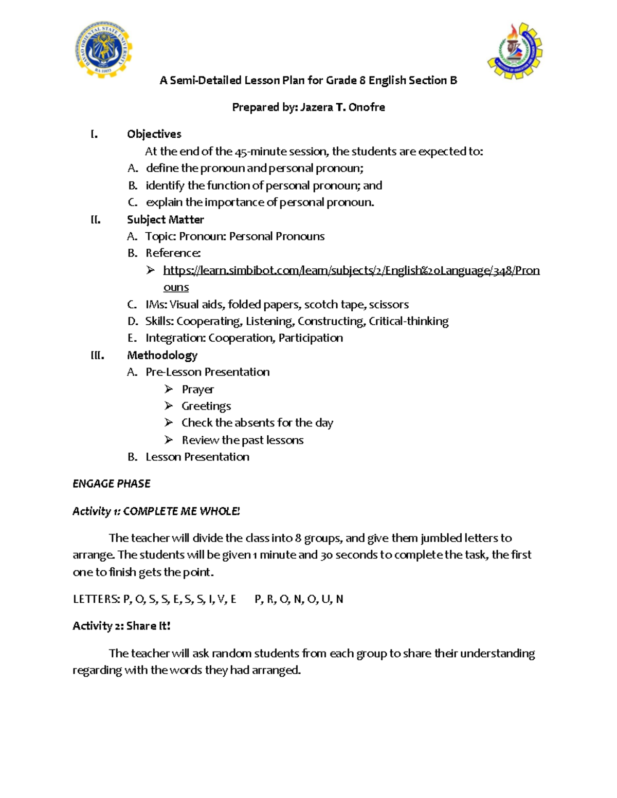 Lesson Plan: Personal Pronouns for Grade 8 - 014245 - Studocu