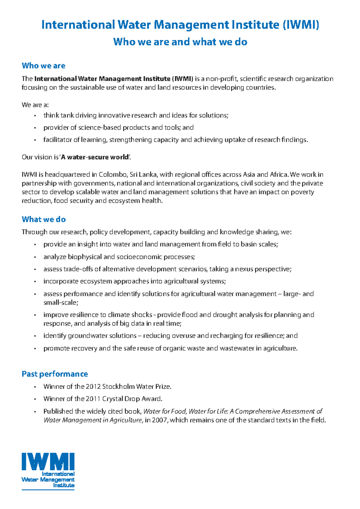 IWMI - Overview of Our Mission and Impact in Water Management - Studocu