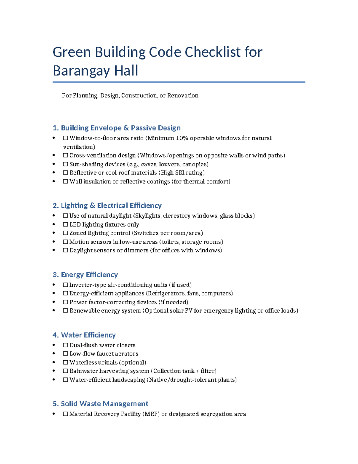Green Building Code Checklist for Barangay Hall Design & Renovation ...