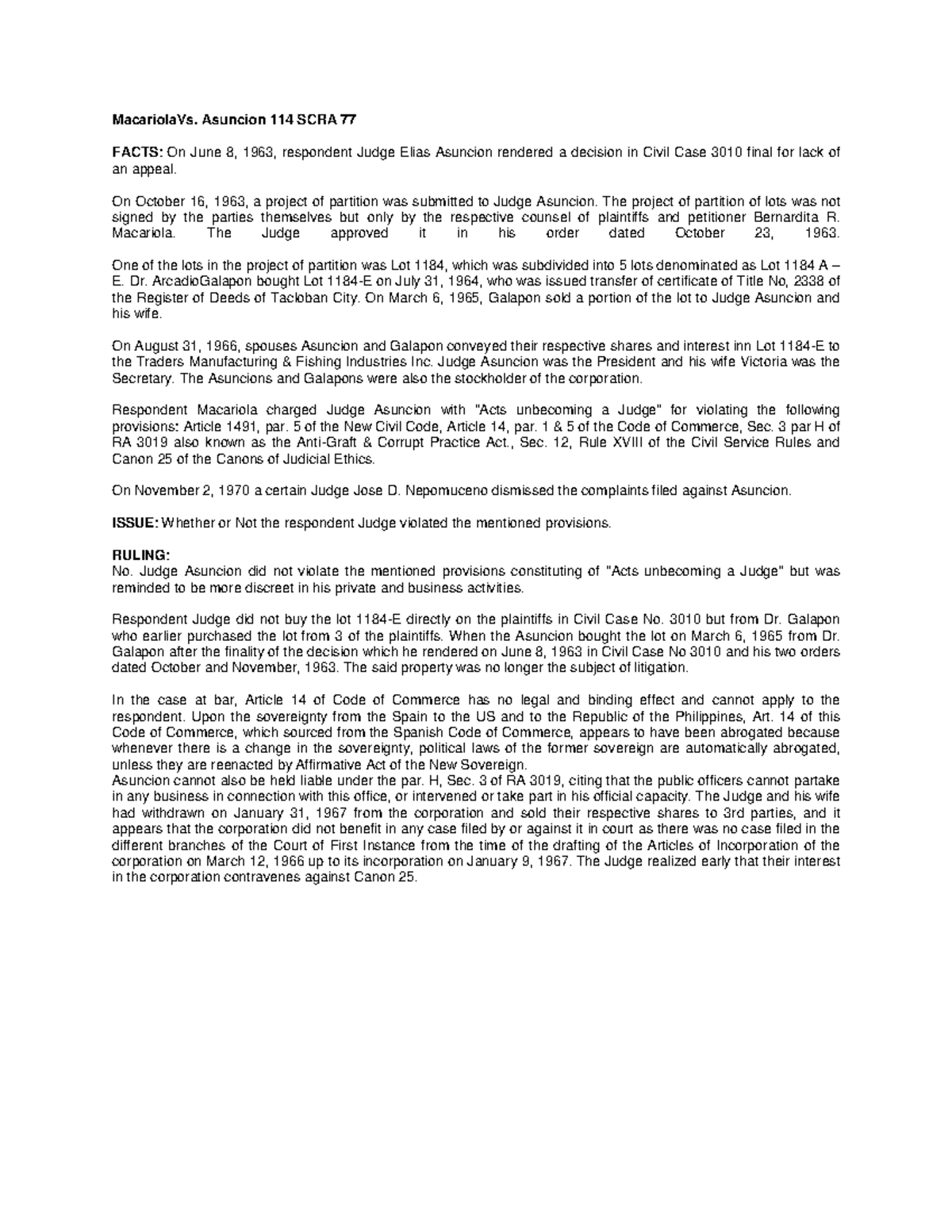 Macariola-vs-Asuncion - MacariolaVs. Asuncion 114 SCRA 77 FACTS: On ...