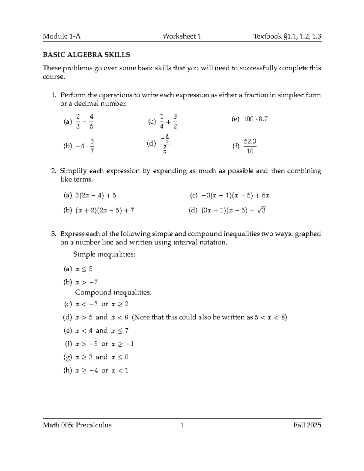 Module 1-A Worksheet: Basic Algebra Skills & Equations - Math 005 - Studocu