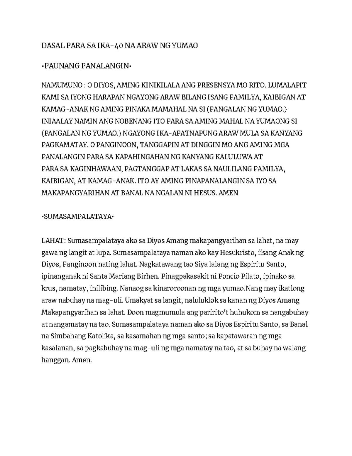DASAL PARA SA IKA-40 NA ARAW NG YUMAO: PATNUBAY AT PANALANGIN - Studocu