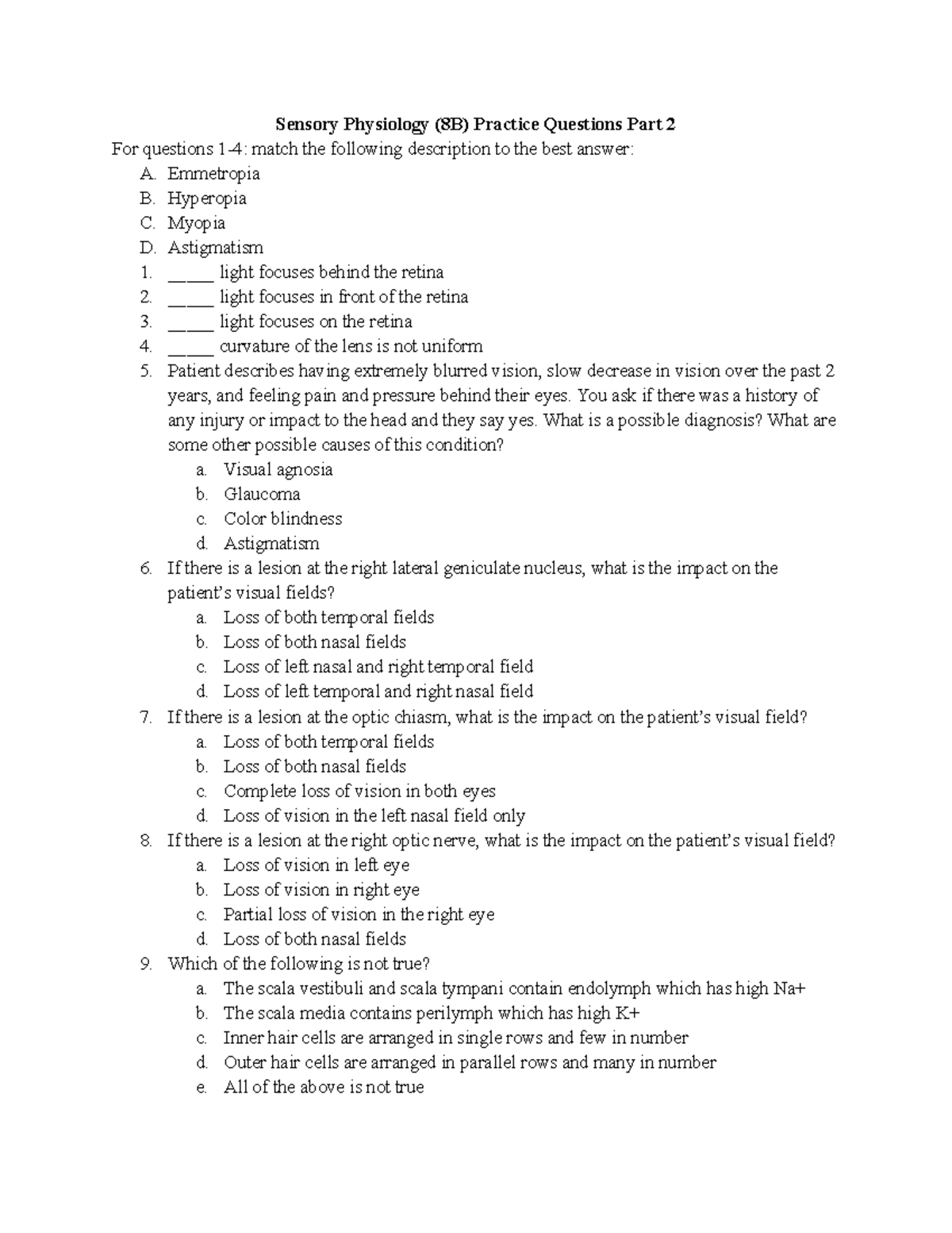 Sensory Physiology (8B) Module 2 Practice Questions & Answers - Studocu