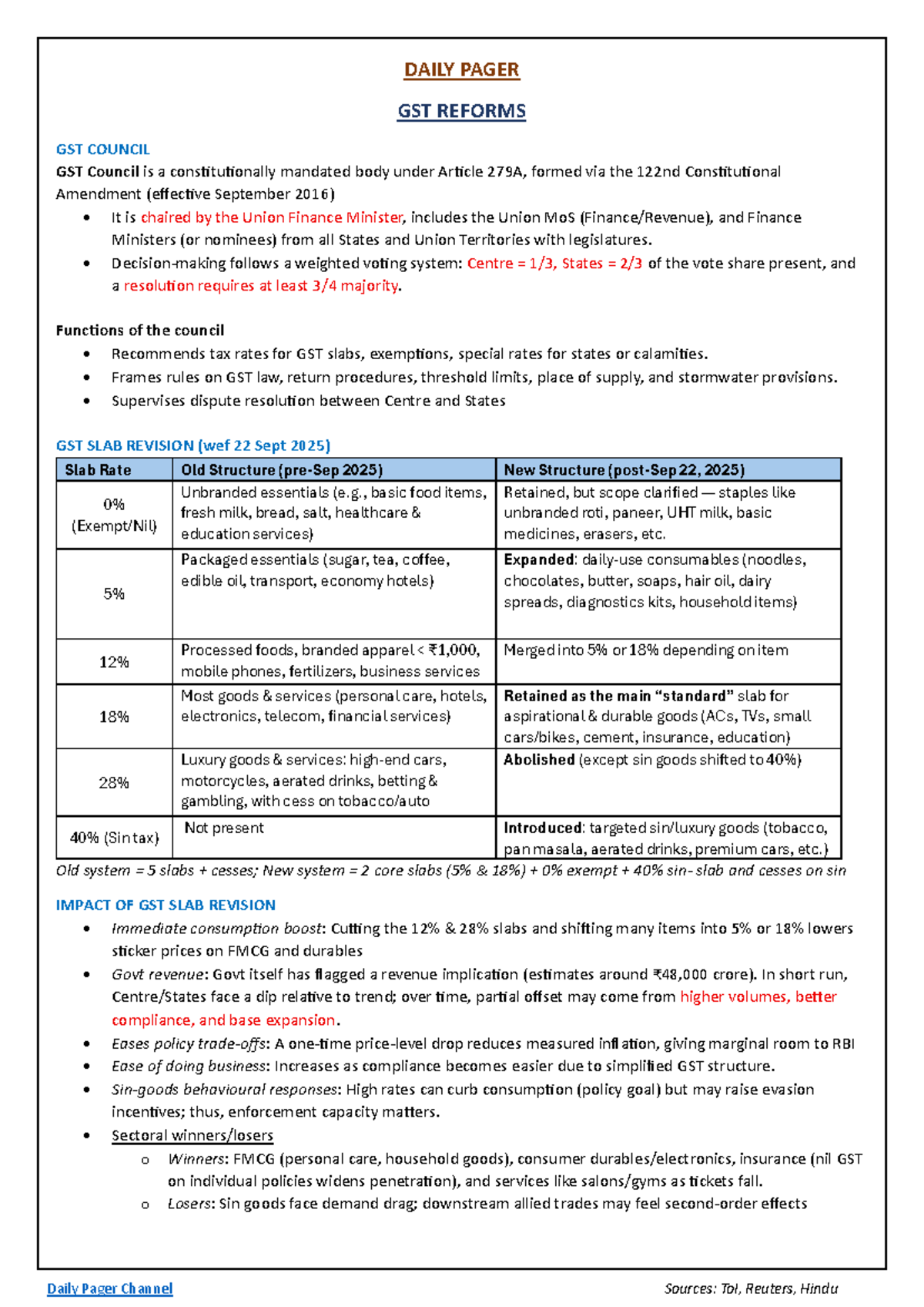 GST Reforms - Daily Pager Notes on Council Changes and Slab Revision ...