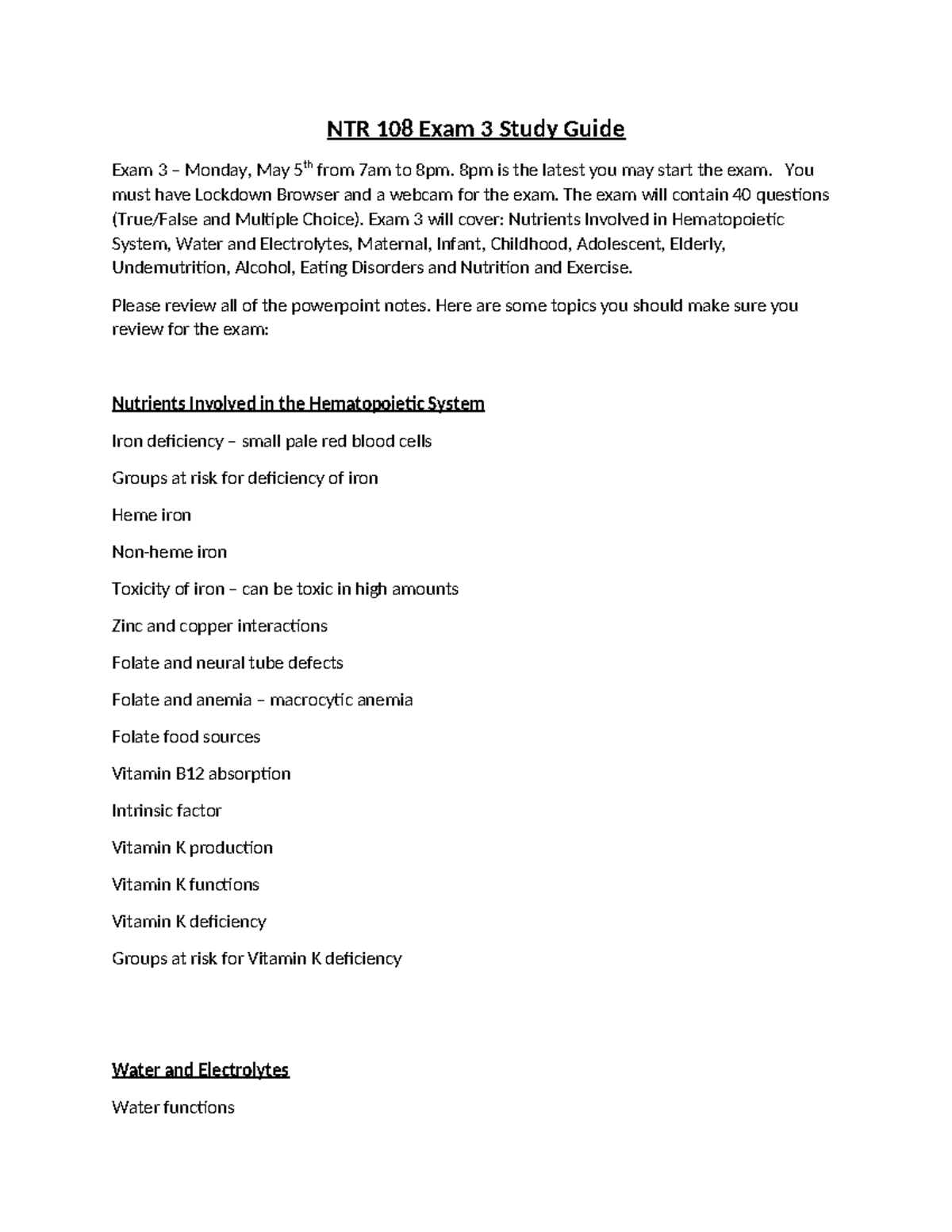 NTR 108 Exam 3 Comprehensive Study Guide on Nutrition Topics - NTR 108 ...