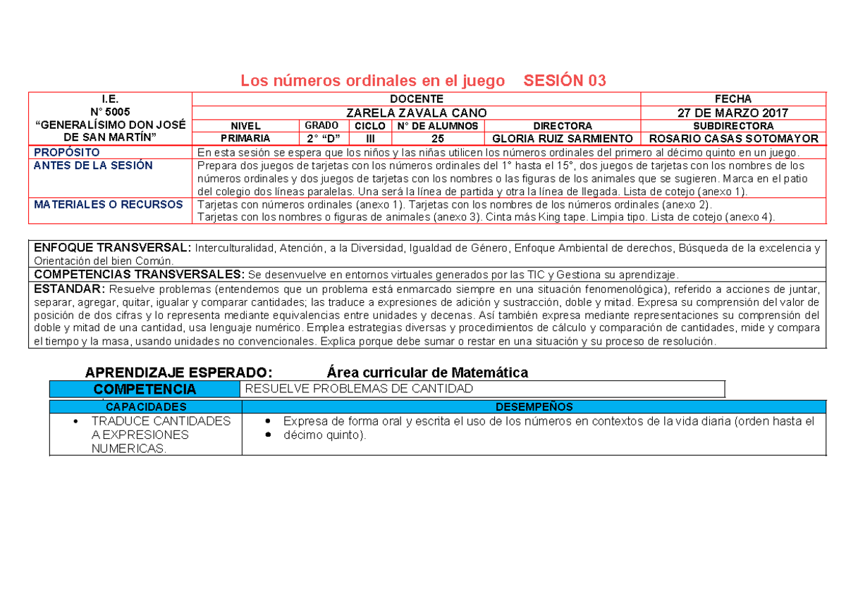 N° 5005 - Juegos de Números Ordinales para Primaria - SESIÓN 03 - Studocu