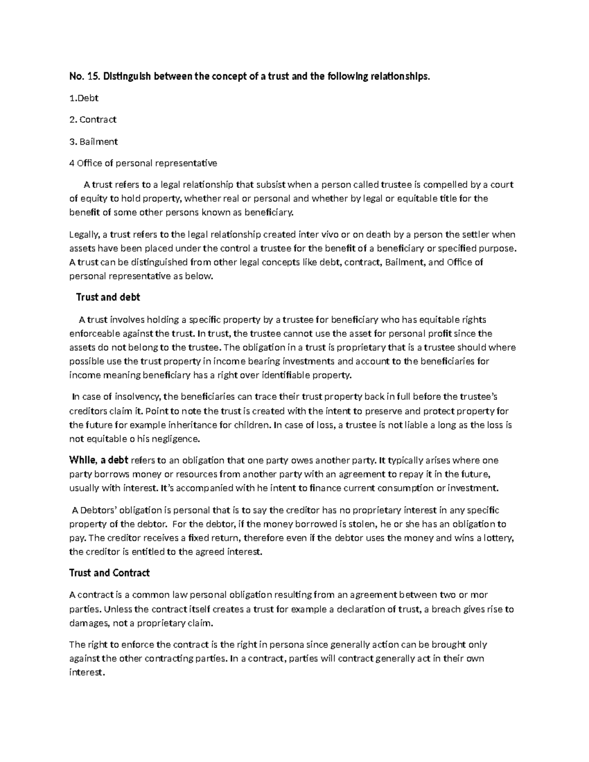 Equity No. 15: Distinguishing Trusts from Debt, Contracts, Bailment ...