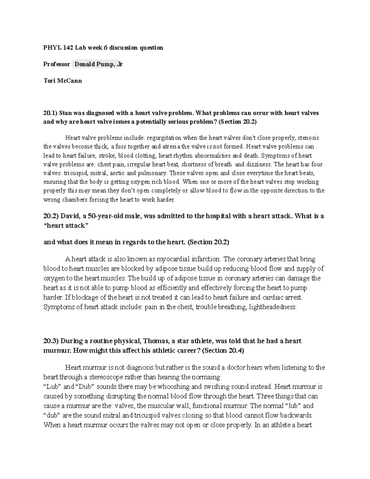 PHYL 142 Lab Week 6 Discussion Questions on Heart Health Issues - Studocu