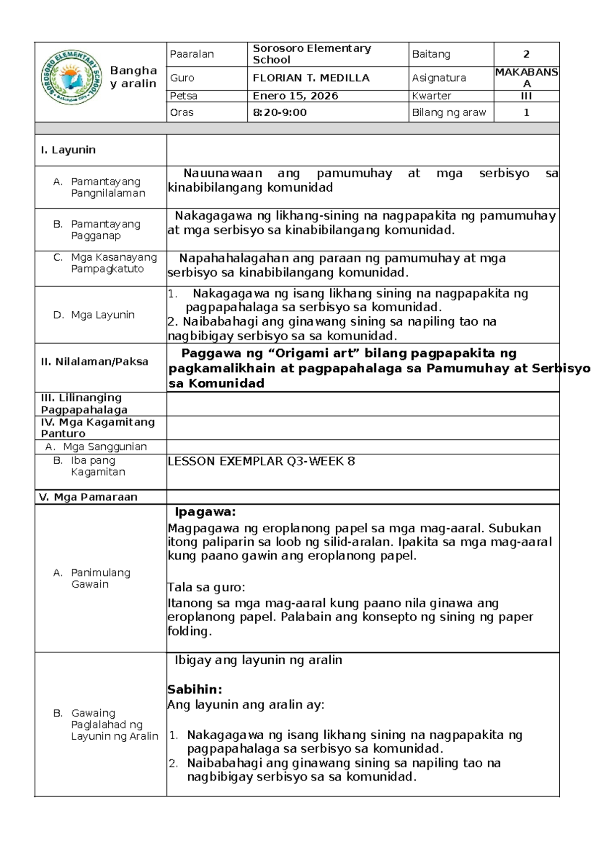 Makabansa Q3 W8 D5: Aralin sa Origami at Serbisyo sa Komunidad - Studocu