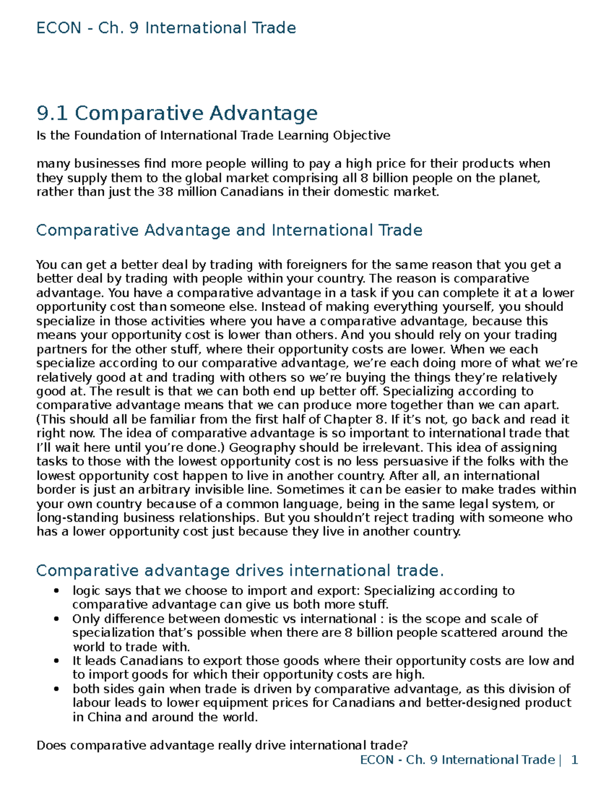 ECON Ch. 9 International Trade: Understanding Comparative Advantage and ...