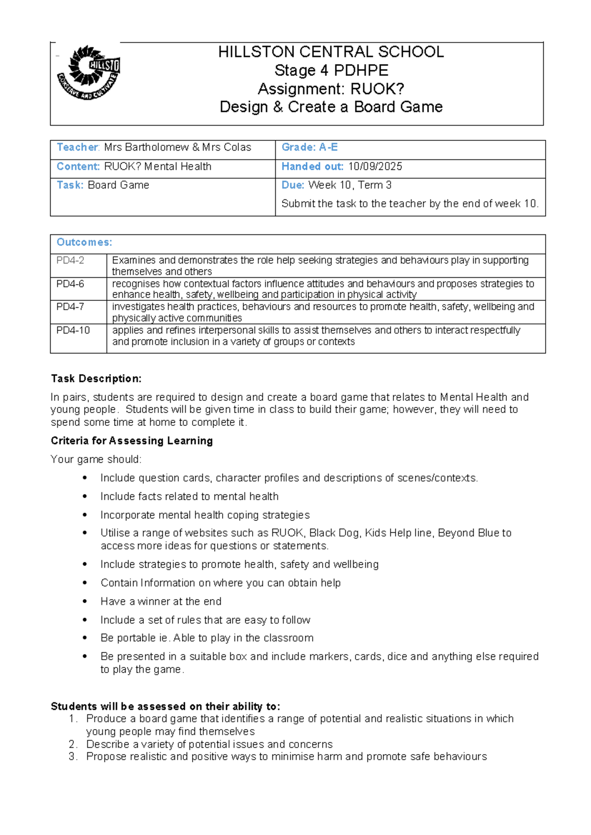 Stage 4 PDHPE Assignment: RUOK? Board Game Design 2025 - Studocu