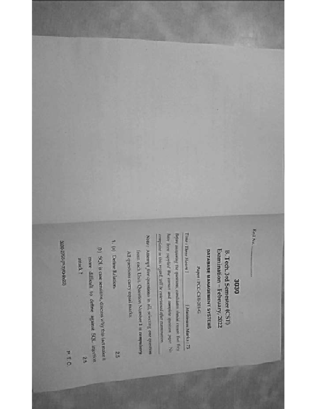 B.Tech 3rd Sem (CSE) Feb 2022 DBMS Exam Paper (75 Marks) - Studocu