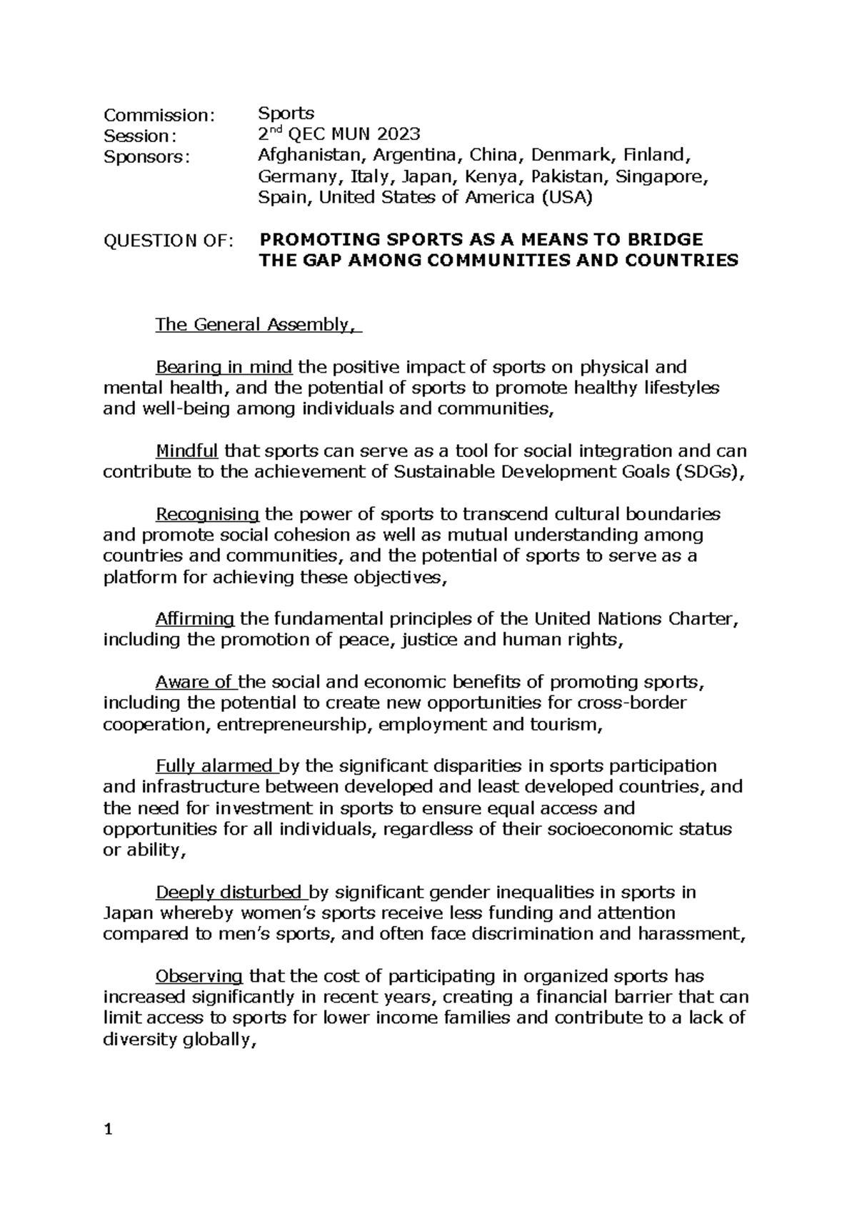 2nd QEC MUN 2023 Resolution: Promoting Sports for Community Integration - Studocu