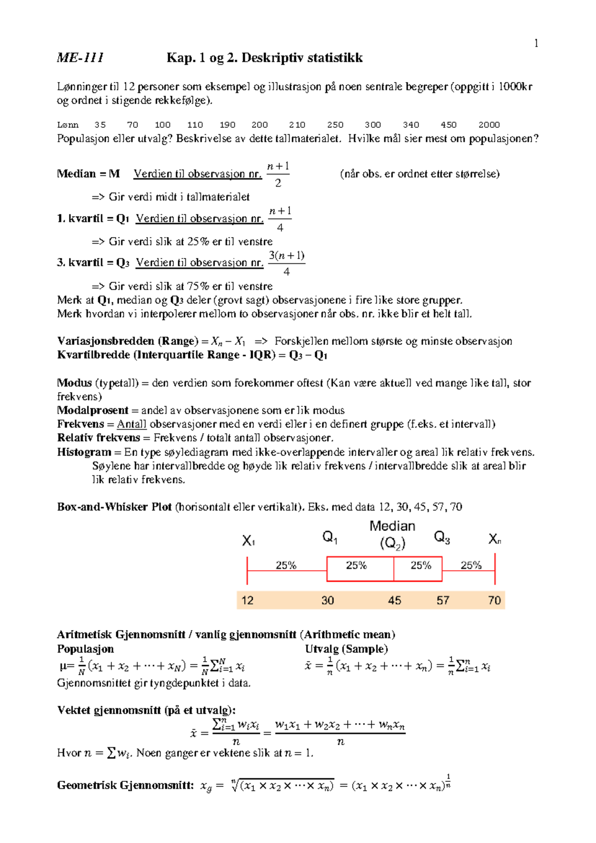 Kap. 1-2: Deskriptiv Statistikk og Lønnsdata - Notater fra Forelesning ...