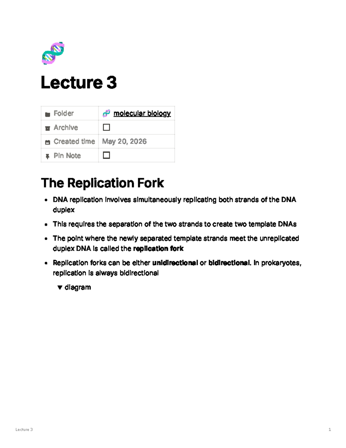 Lecture 3: DNA Replication and the Replication Fork in Molecular ...