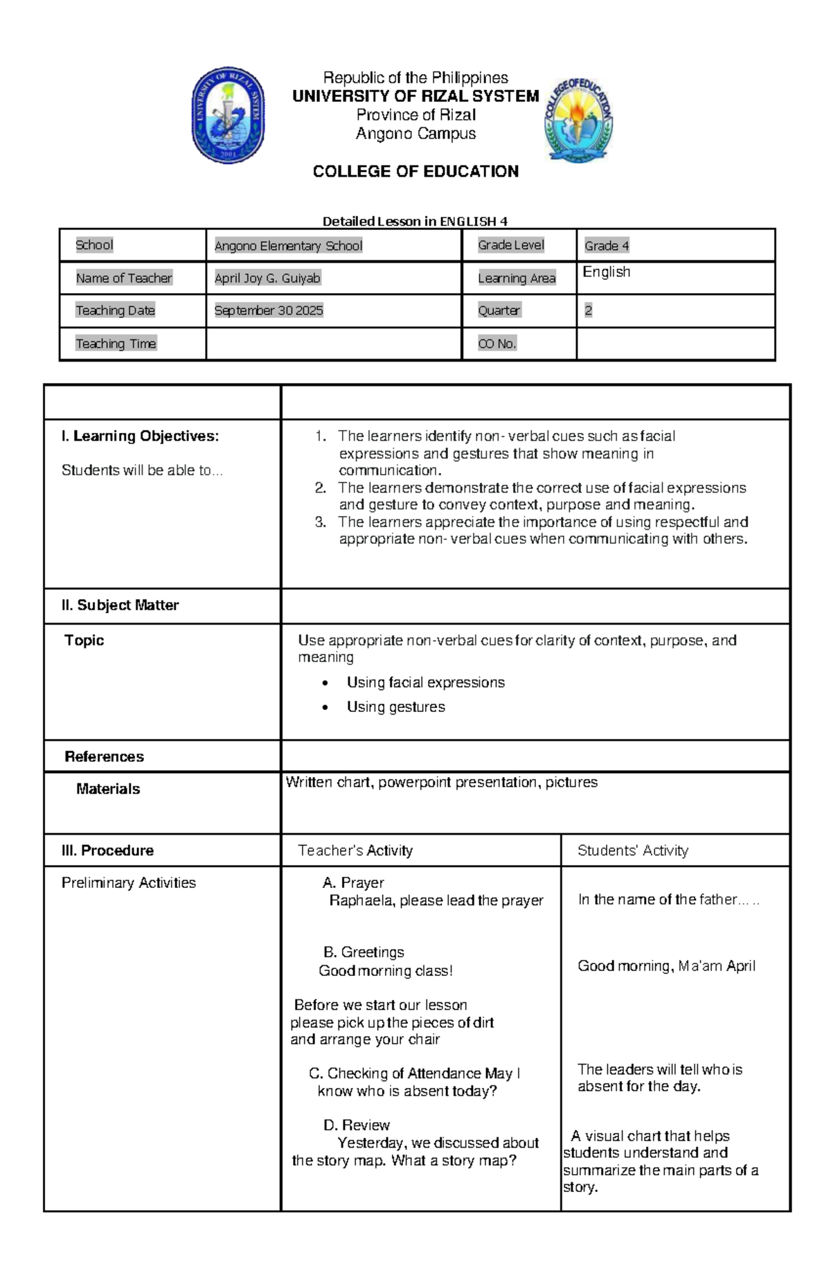 DLP: Detailed Lesson Plan in English 4 - Non-Verbal Cues - Studocu