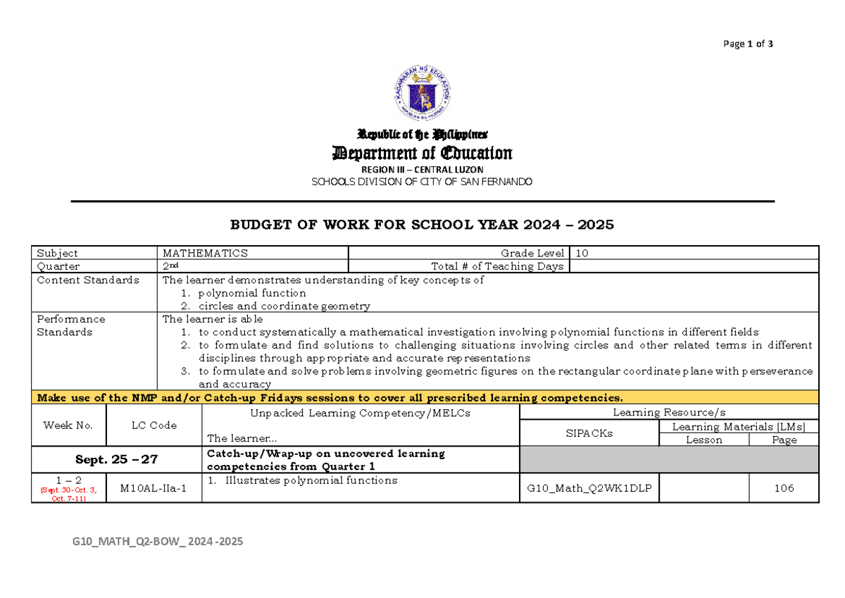 G10 Math Q2 Budget of Work 2024-2025: Polynomial Functions & Circles ...
