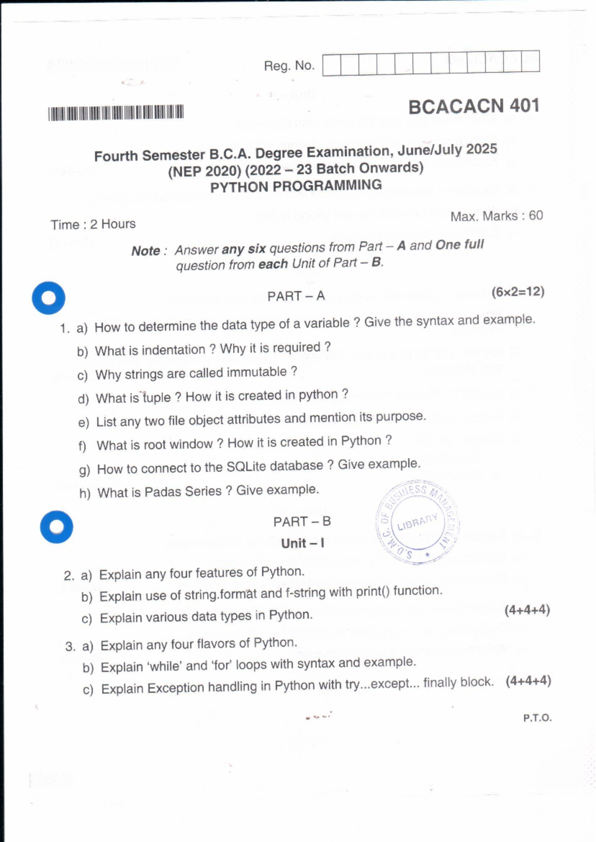 BCA 401 IV Sem Python Programming Exam June 2025 - Max Marks 60 - Studocu