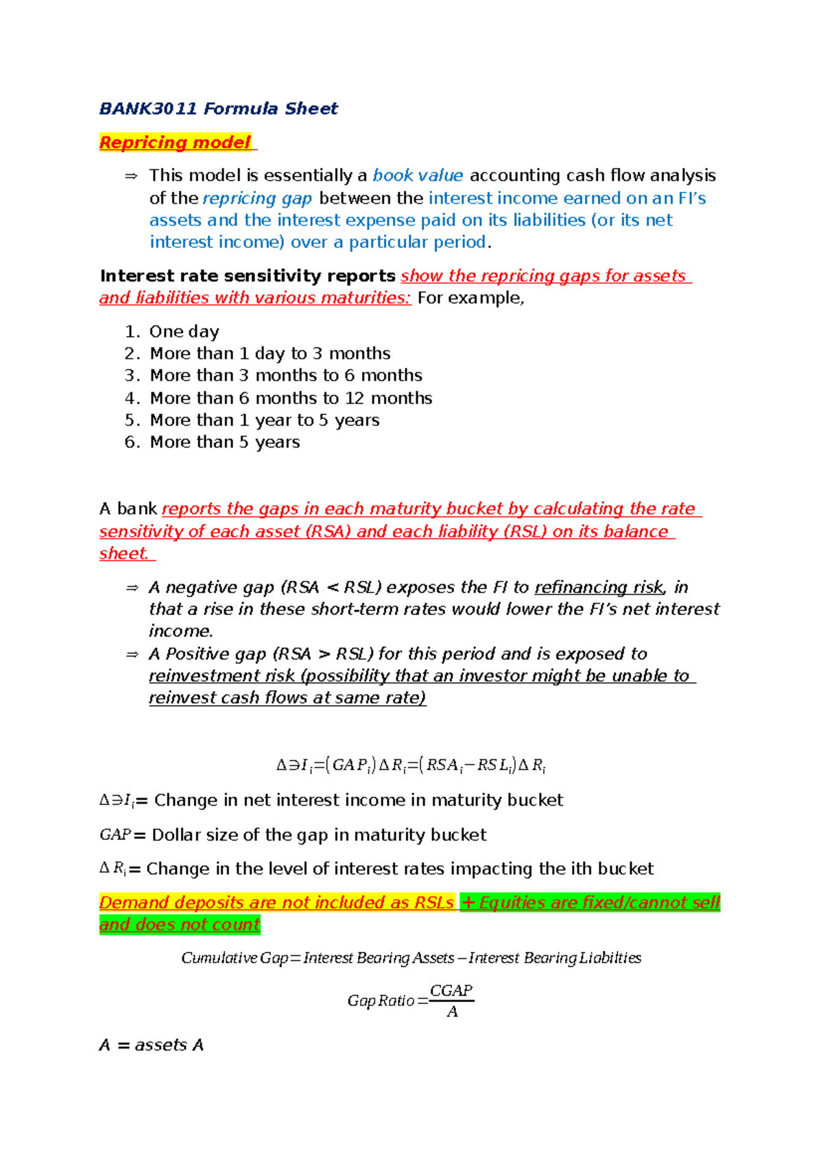 BANK3011 Formula Sheet - BANK3011 Formula Sheet Repricing model This ...