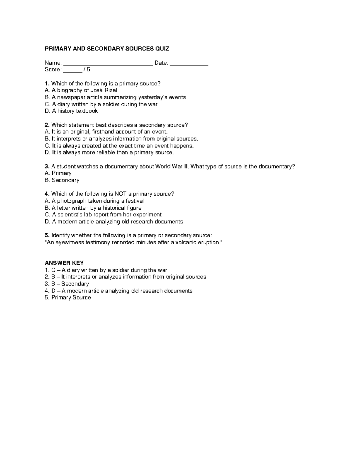 PRIMARY AND SECONDARY SOURCES QUIZ (PS101) - Studocu
