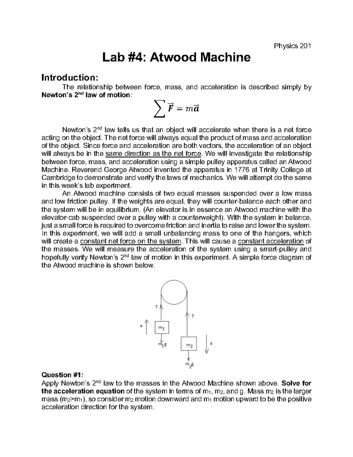 PHY201 Lab4: Exploring the Atwood Machine and Newton's Laws - Studocu