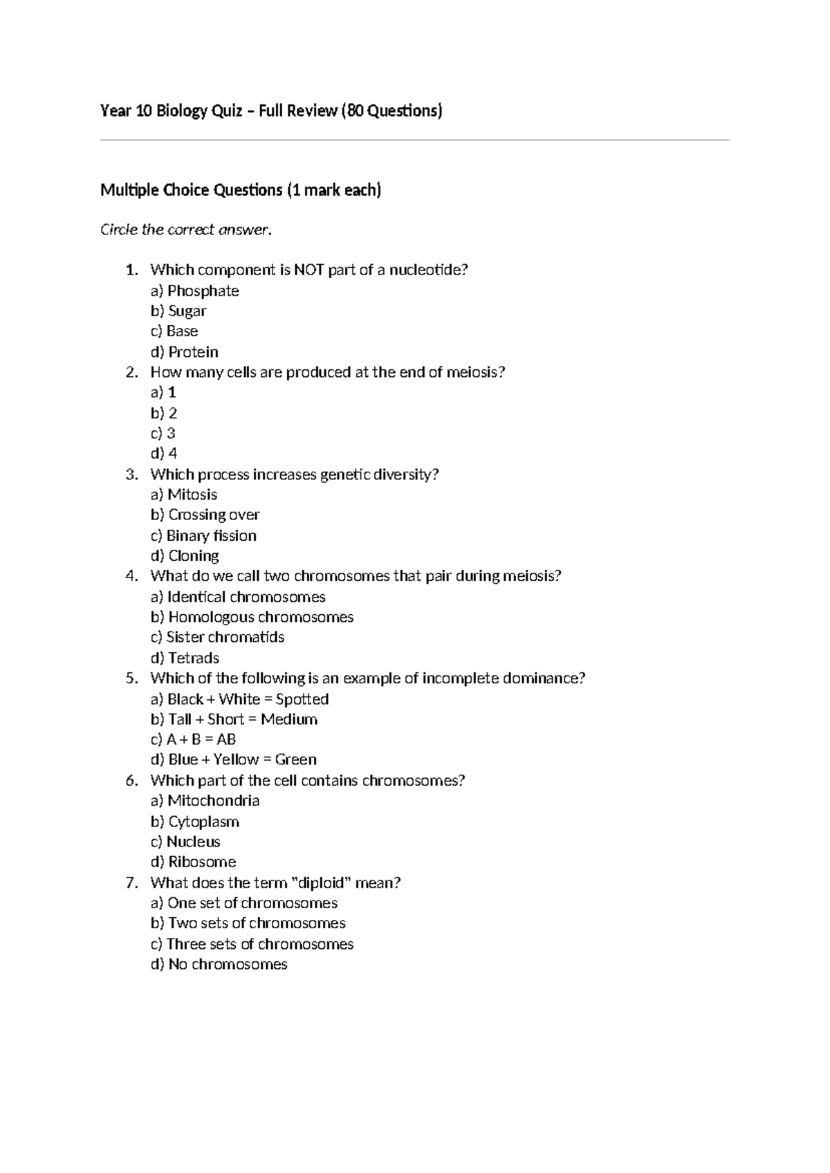 Year 10 Biology Quiz Review: 80 MCQs & Short Answers - Studocu