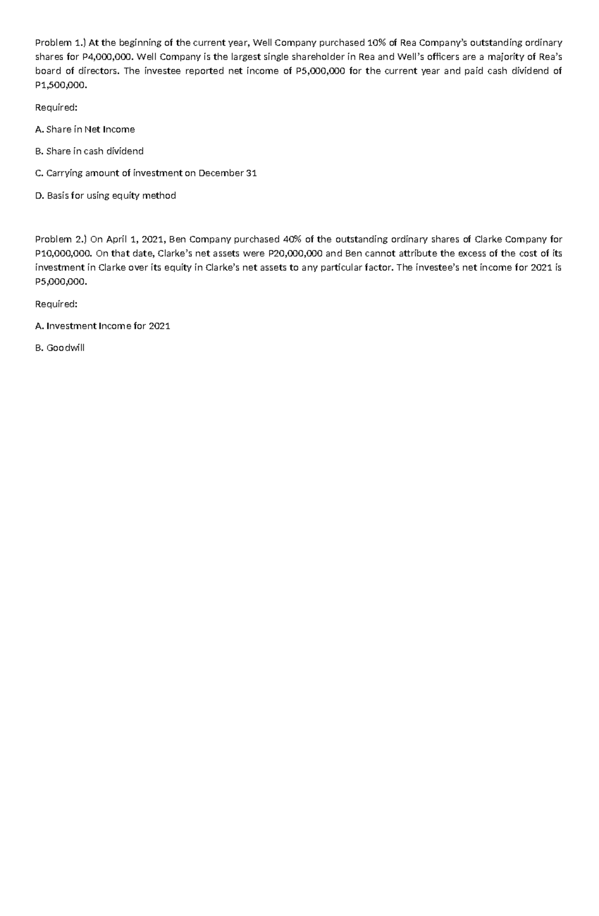 PAS 28 Investment in Associate: Problem Set & Solutions - Studocu