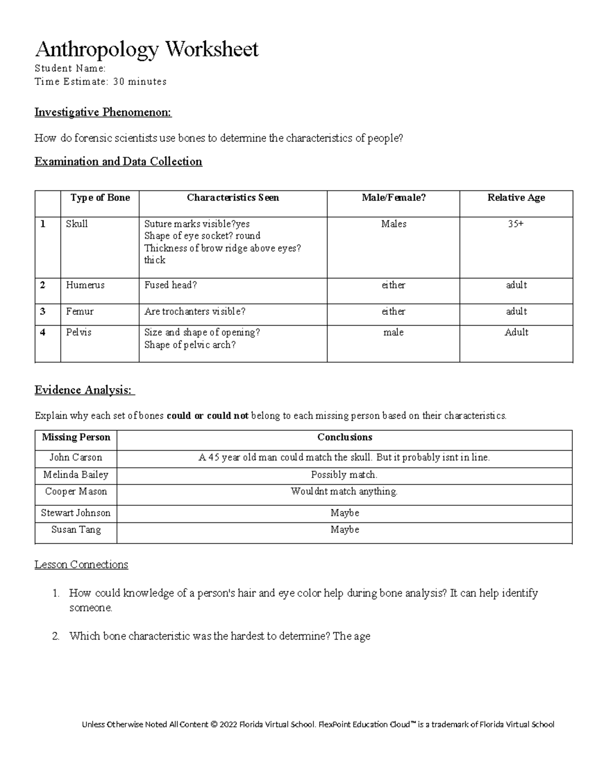 Anthropology worksheet 2 - Anthropology Worksheet Student Name: Time ...