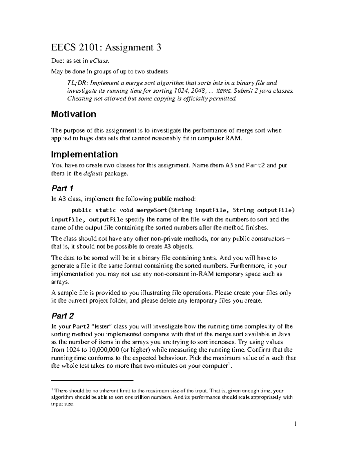 EECS 2101: A3 - Merge Sort Implementation & Performance Analysis - Studocu