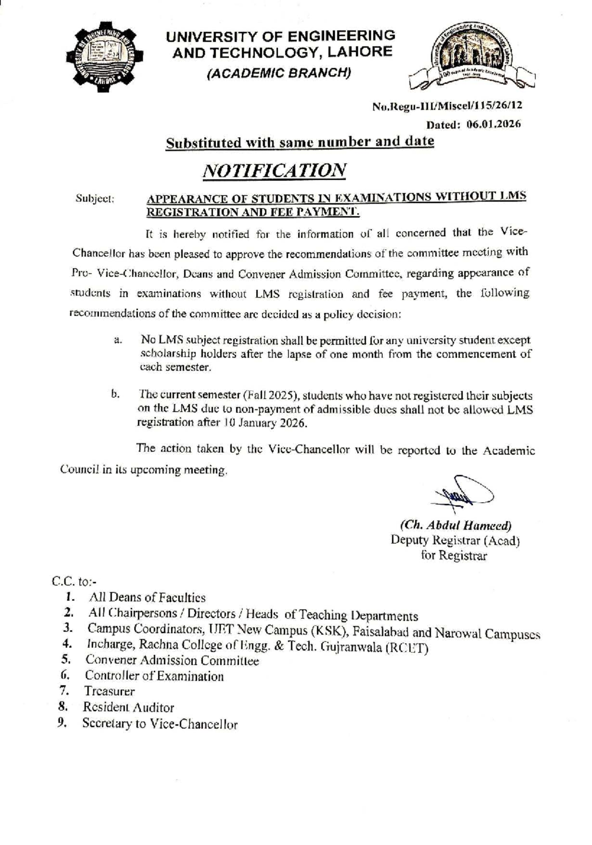Notification: Exam Appearance Policy for Students Without LMS ...