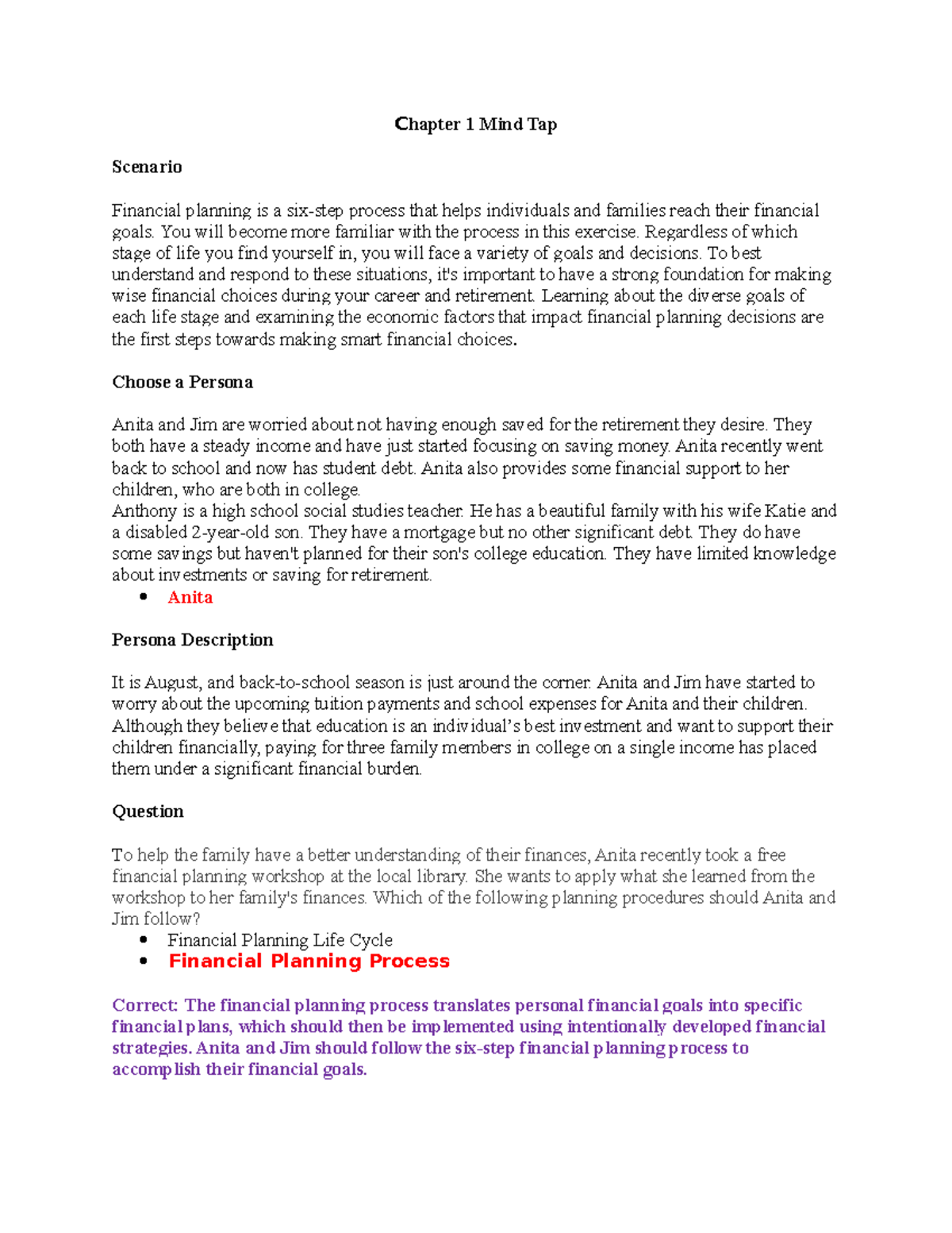 Chapter 1 Mind Tap - Financial Planning Process Assignment - Studocu
