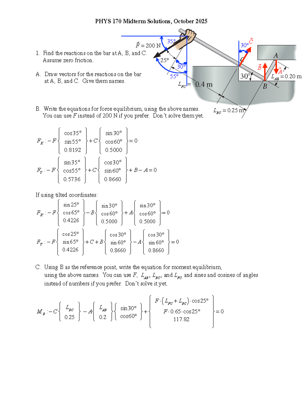 PHYS 170 Midterm Solutions: Reactions at Points A, B, and C - Studocu