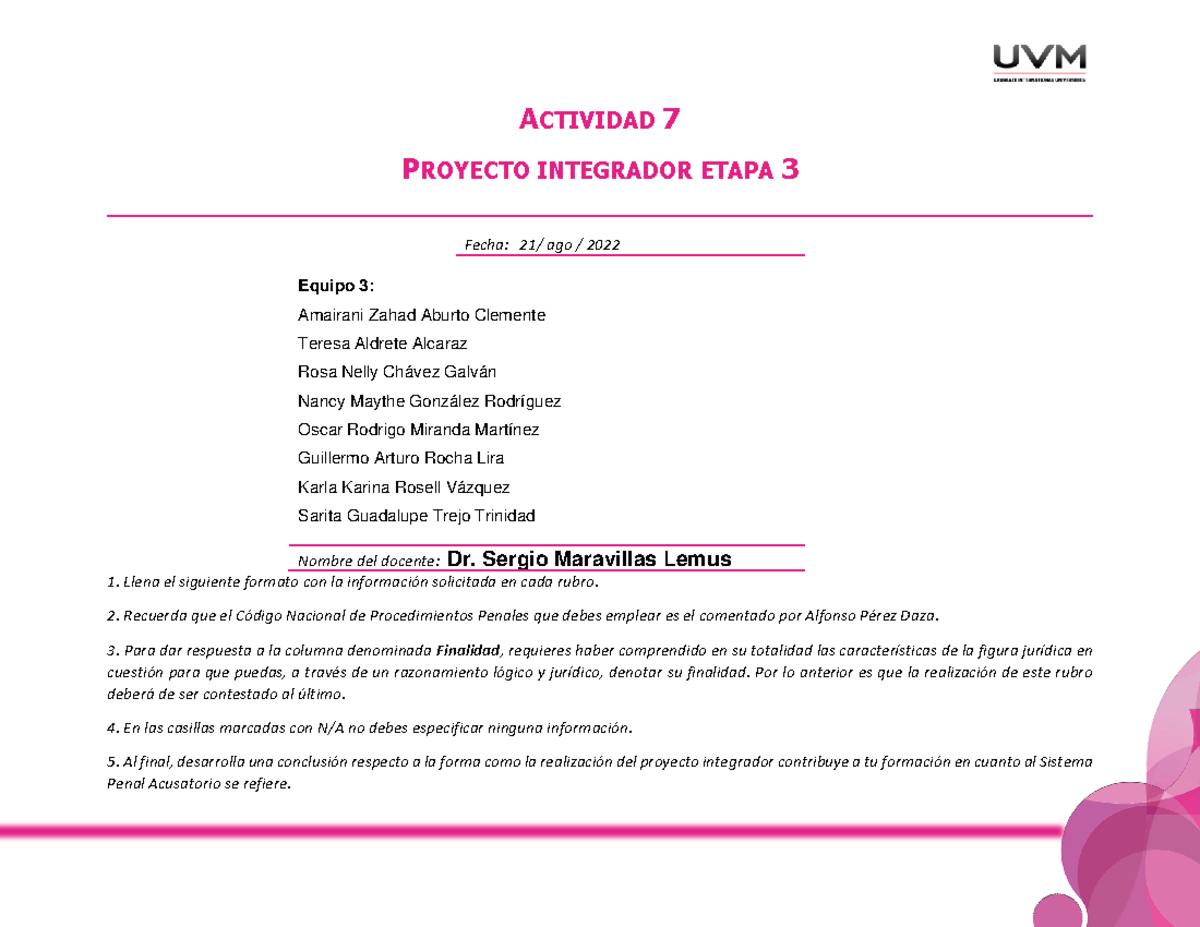A7 E3 - actividad en equipo de teoría de derecho - ACTIVIDAD 7 PROYECTO INTEGRADOR ETAPA 3 Fecha ...