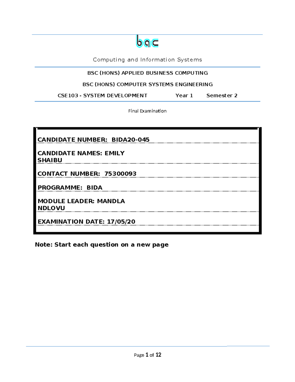 SD Final Exam 2021 Answer Booklet - Computing and Information Systems ...