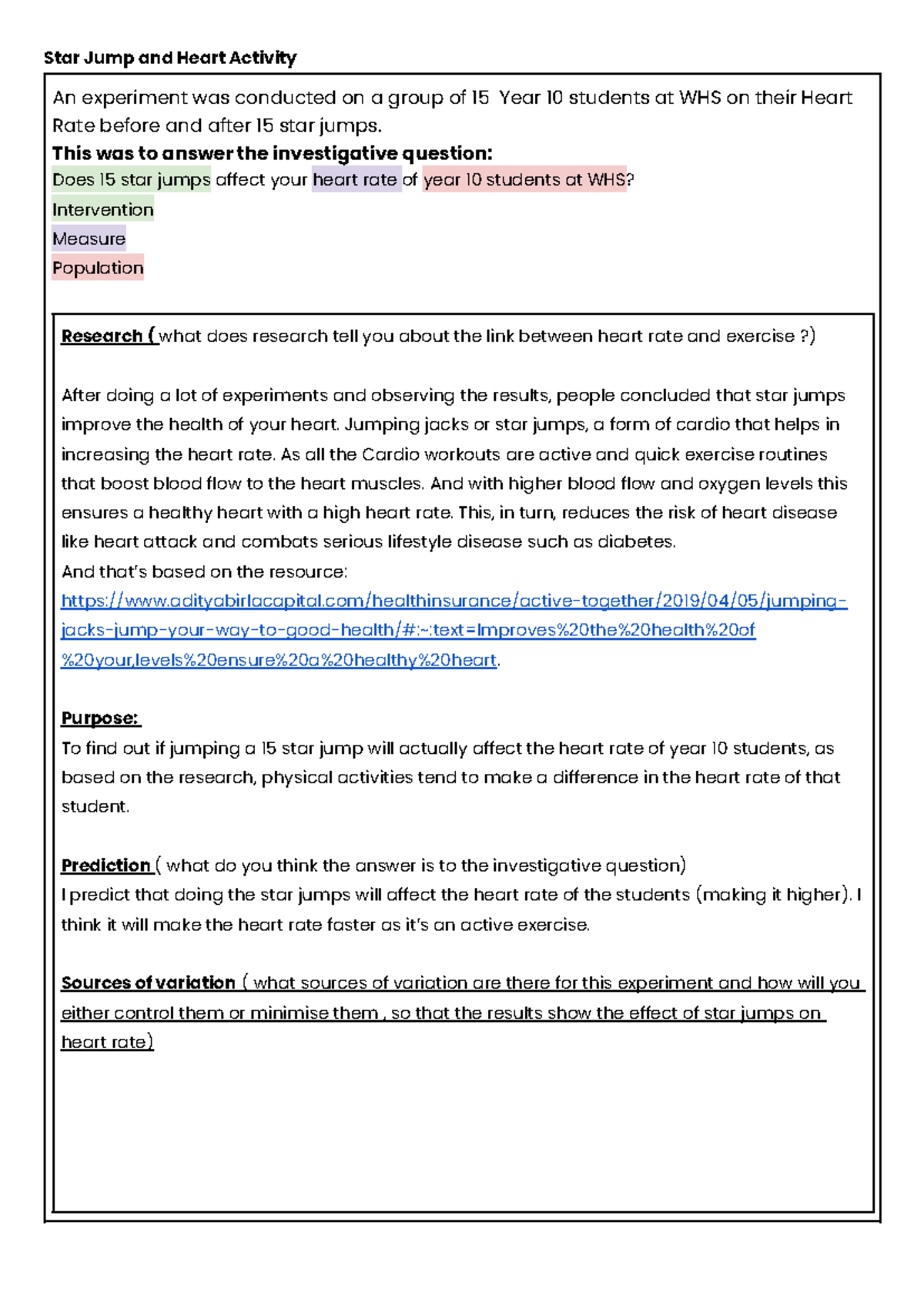 Experiment internal stats, NCEA Level 2 Star Jumps and Heart Rate ...