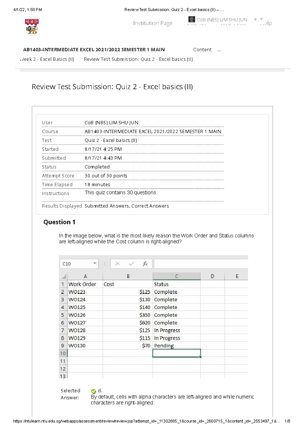 AB1403 Final Exam Quiz 2 Answers - Intermediate Excel 2021/2022 - Studocu