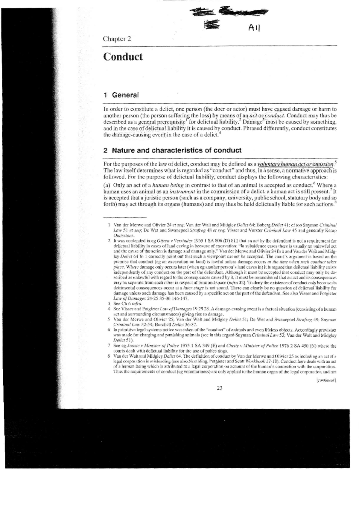 ARL 2023 Chapter 2: General Conduct in Delictual Liability - Studocu