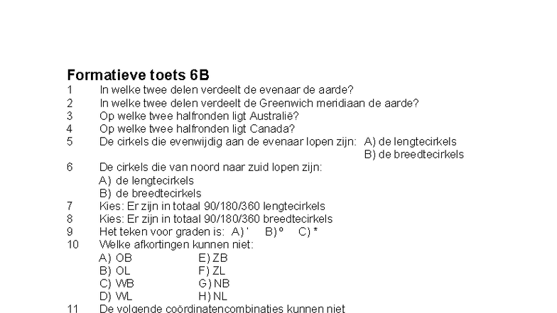 Formatieve toets 6B: Aarde, Evenaar en Coördinatenvragen - Studeersnel