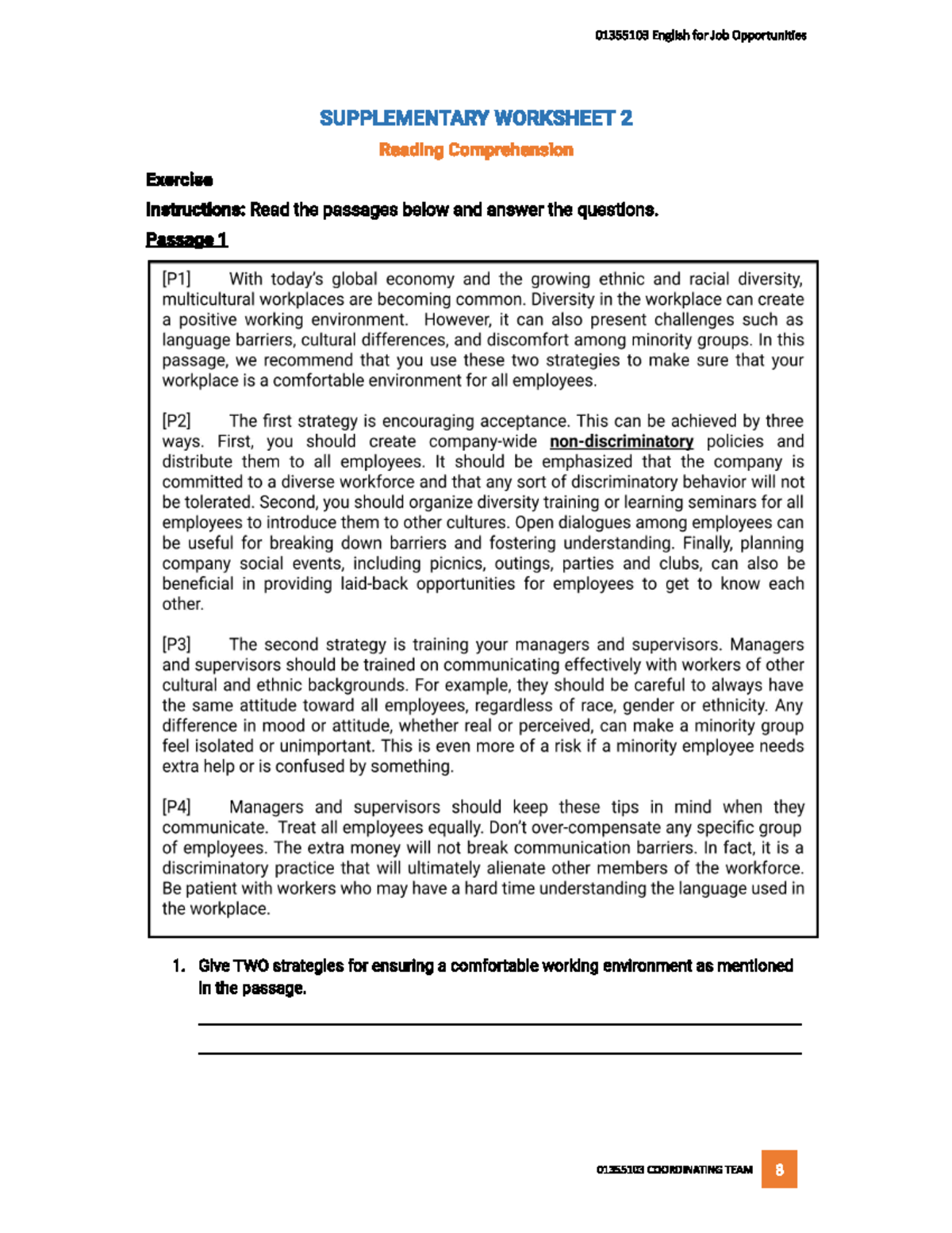 01355103 English for Job Opportunities: Supplementary Worksheet 2 on ...