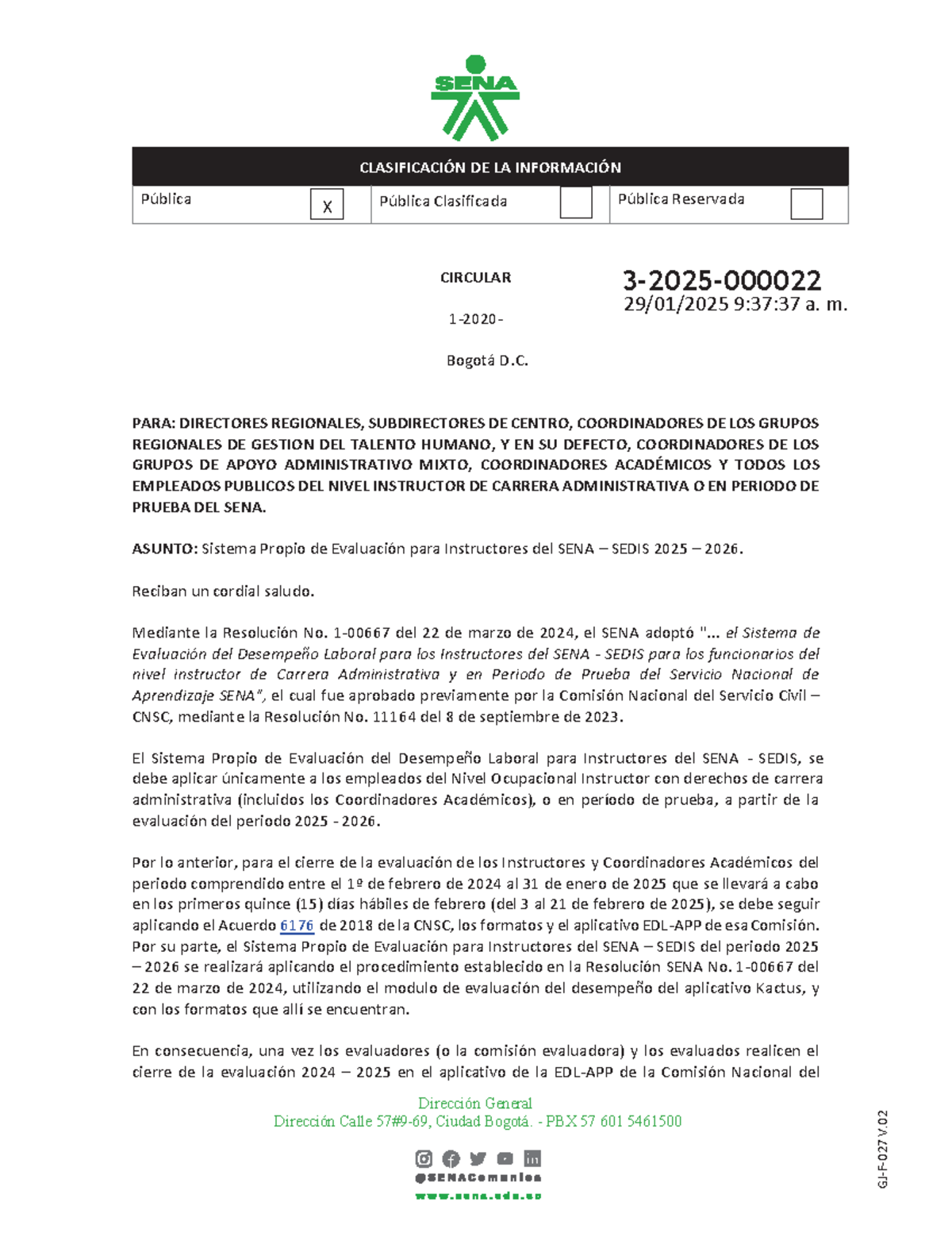 Circular Evaluacion Instructores - CIRCULAR 1-2020- Bogotá D. PARA ...