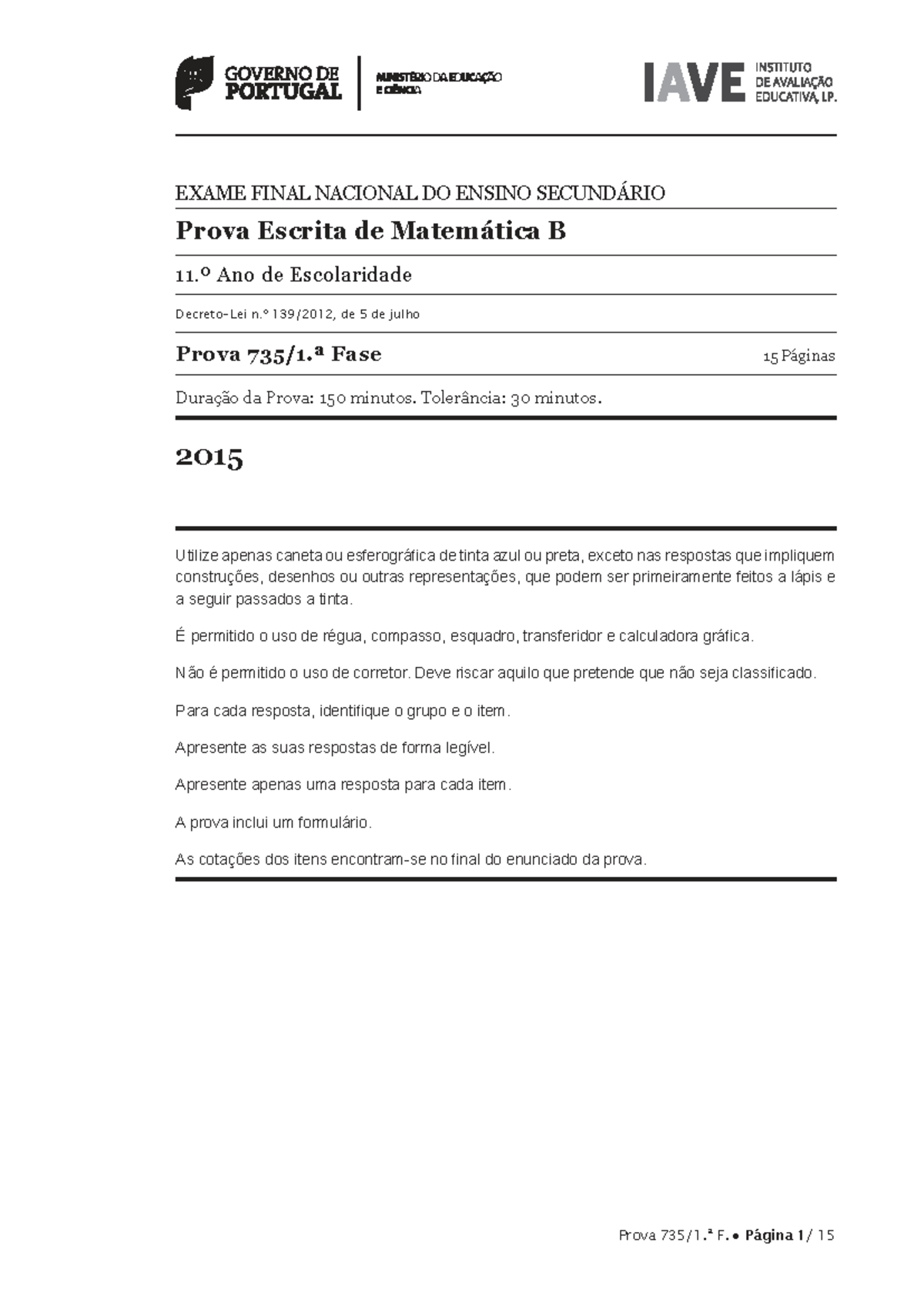 Exame Final Nacional de Matemática B 2015 - Prova Fase 1 - Studocu