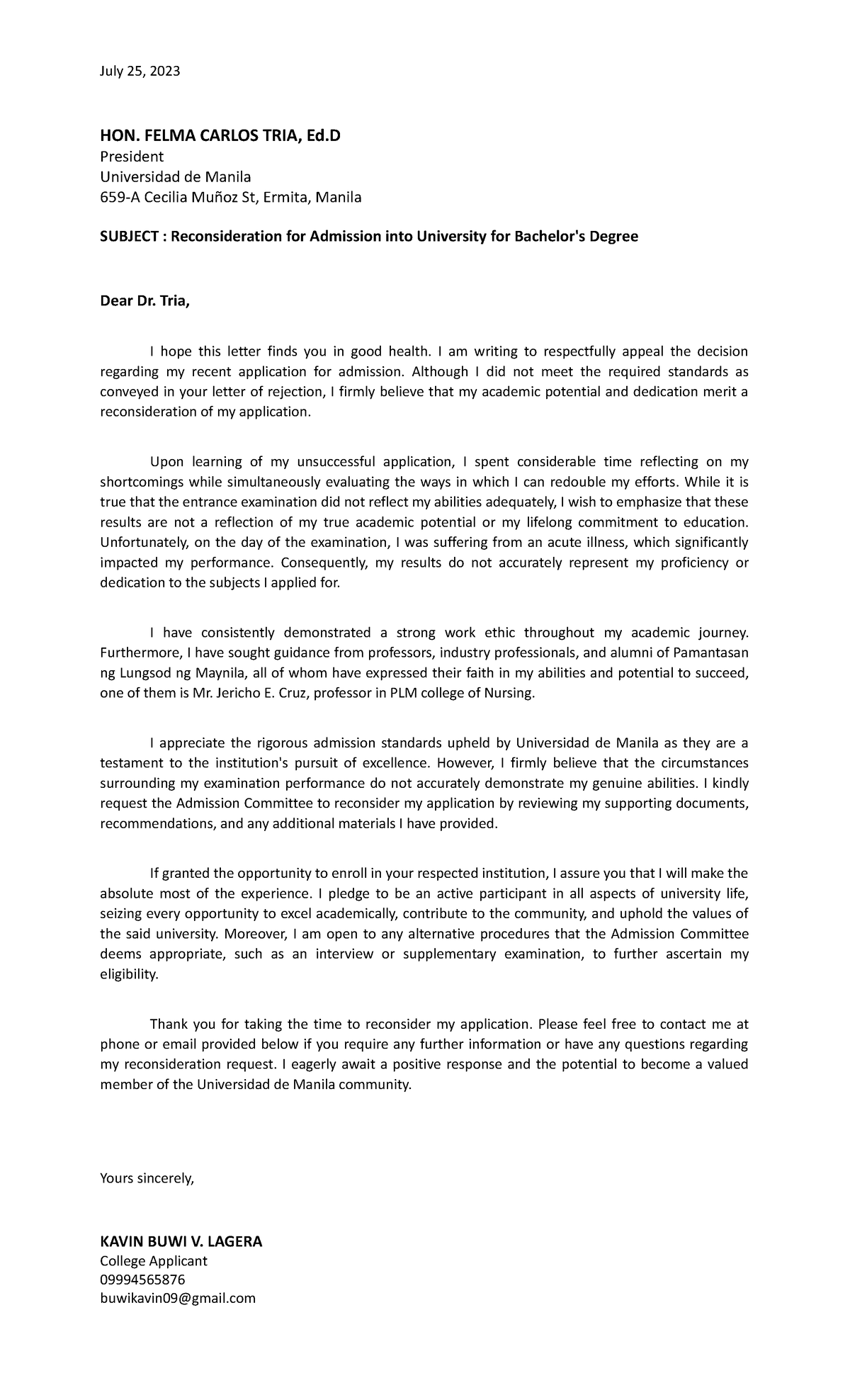 UM Admission Reconsideration Letter for Bachelor's Degree Application ...