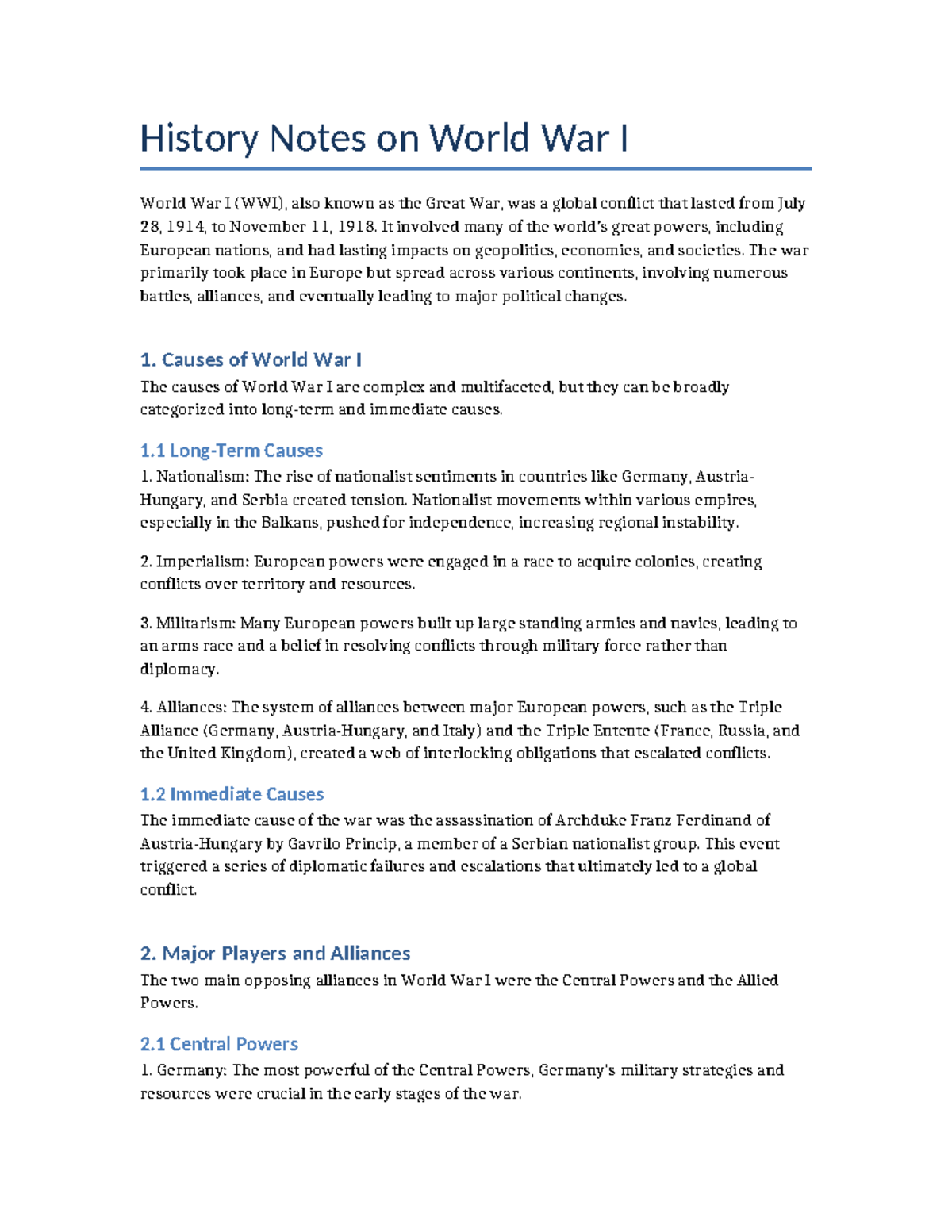 WWI History Notes: Causes, Players, and Key Events - Studocu