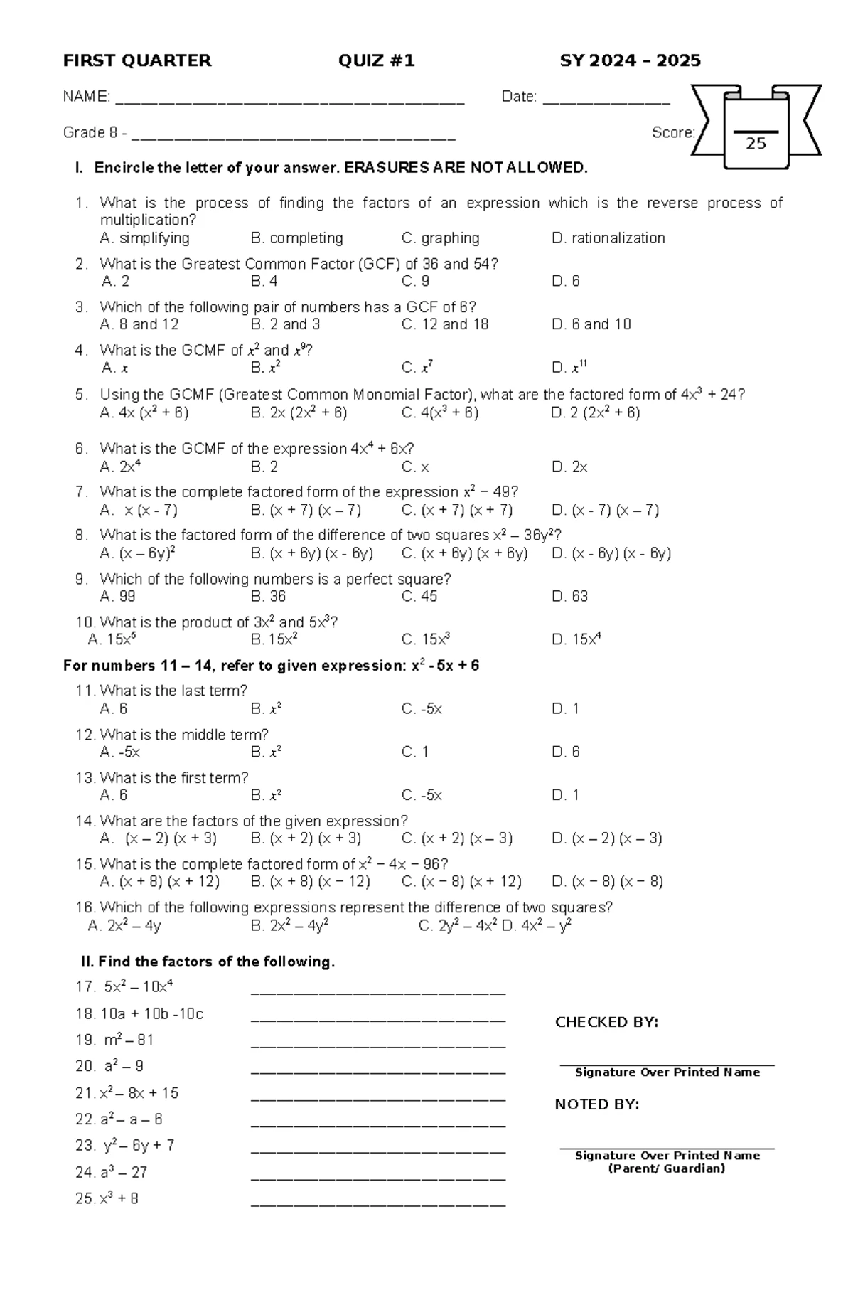 Q1 Activity 2: Factoring Difference of Two Squares - Grade 8 - Studocu