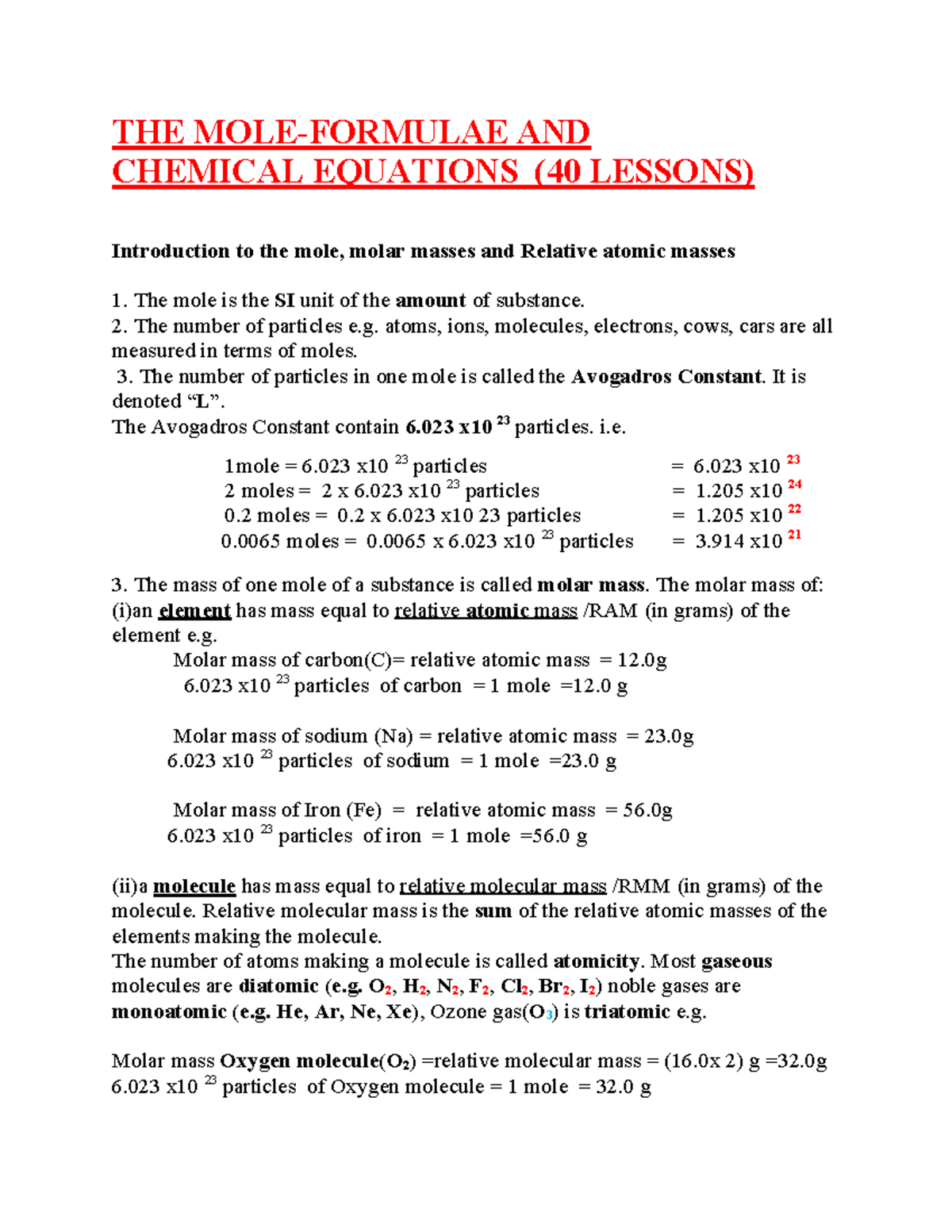 CHEM 101 - THE MOLE: Essential Formulas & Chemical Equations Revision ...
