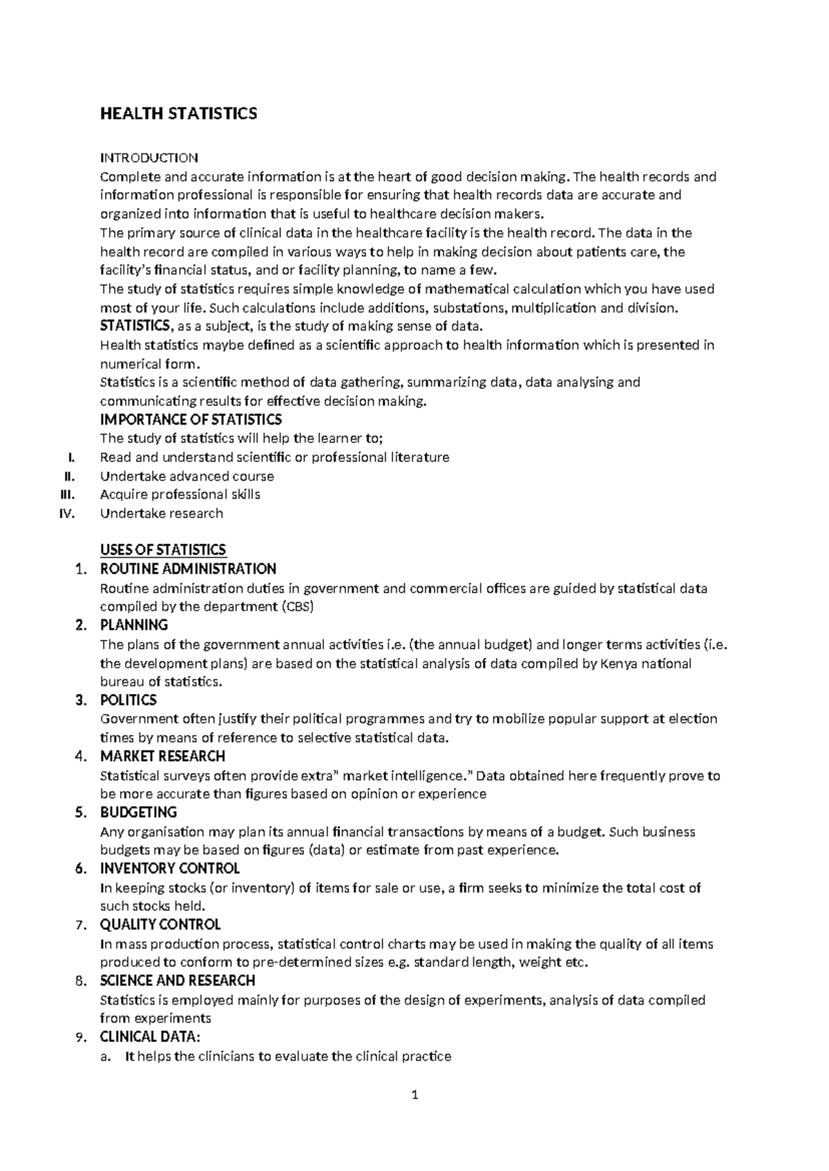 HEALTH STATISTICS INTRODUCTION: Key Concepts and Data Collection ...