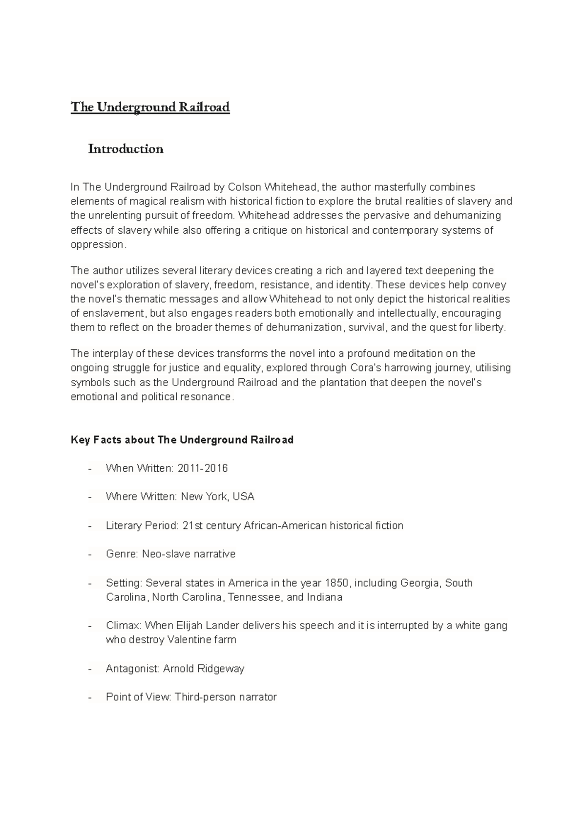 The Underground Railroad (A Level) Literature Study Notes - Studocu