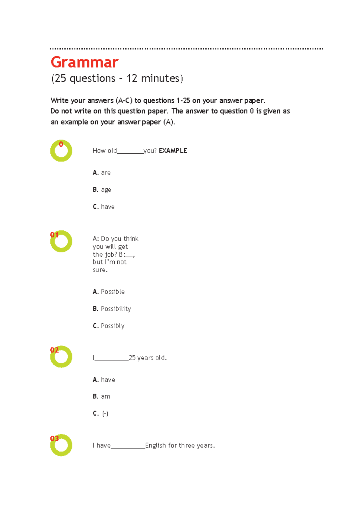 Aptis Grammar & Vocabulary Practice Test (25 Questions) - Studocu